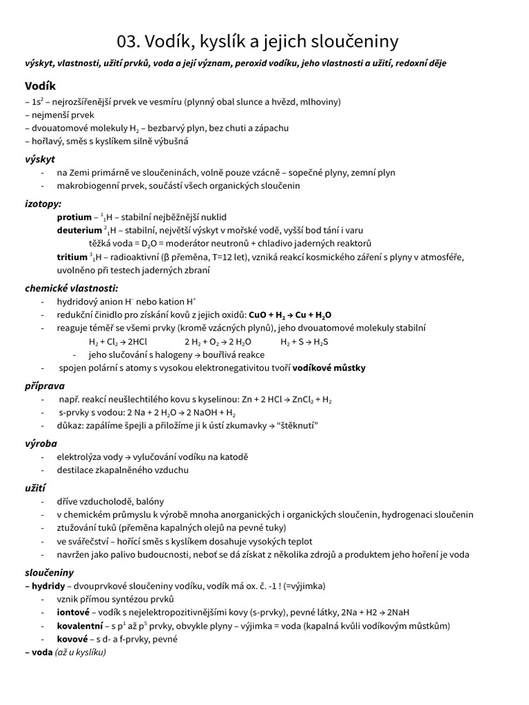 Vodík, Kyslík A Jejich Sloučeniny | PDF