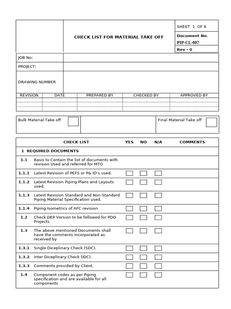 PIP-CL-008 Rev 0 Check List For Material Take Off | PDF