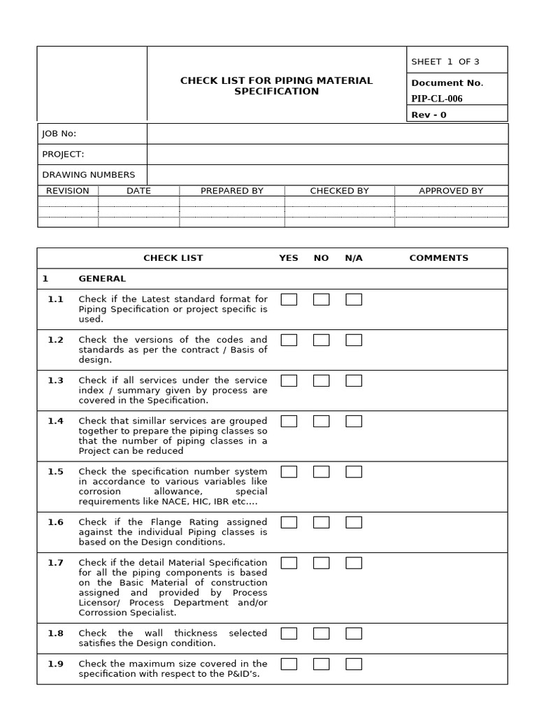 PIP-CL-006 Rev 0 Check List Piping Material Specification | PDF