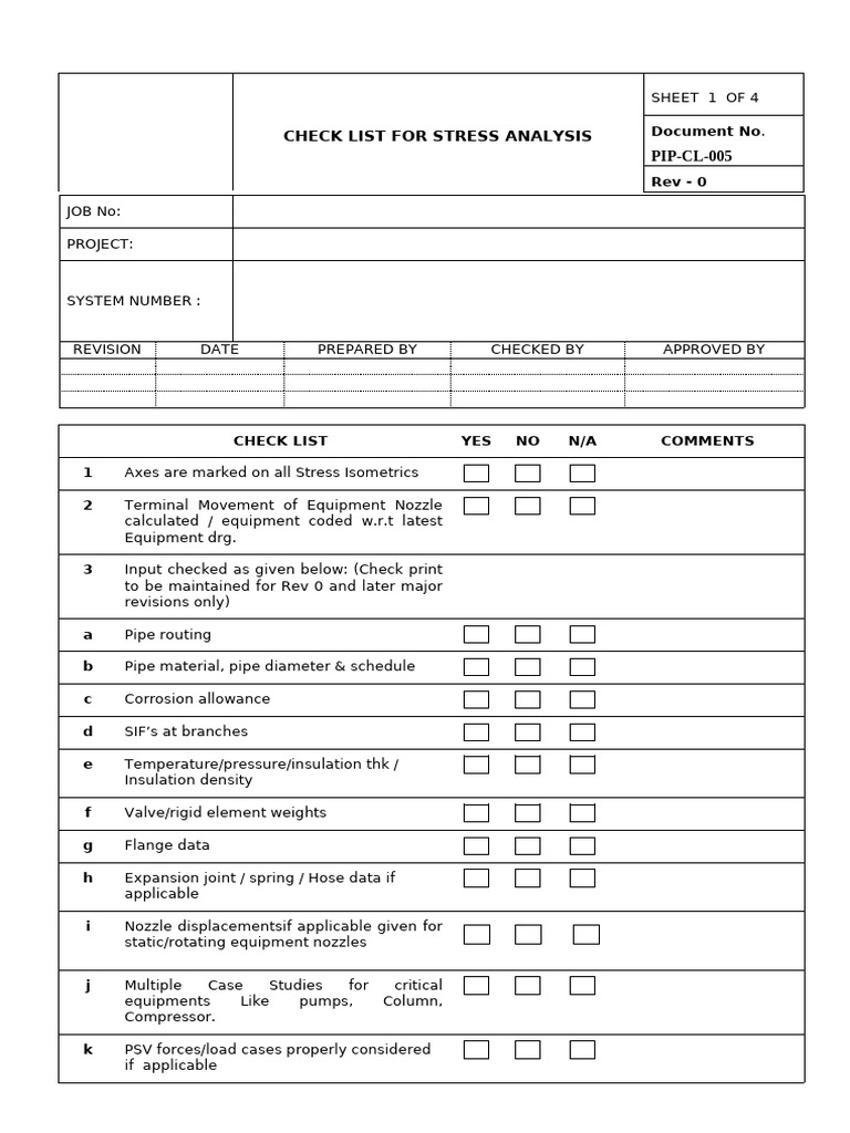 PIP-CL-005 Rev 0 Check List For Stress Analysis | PDF