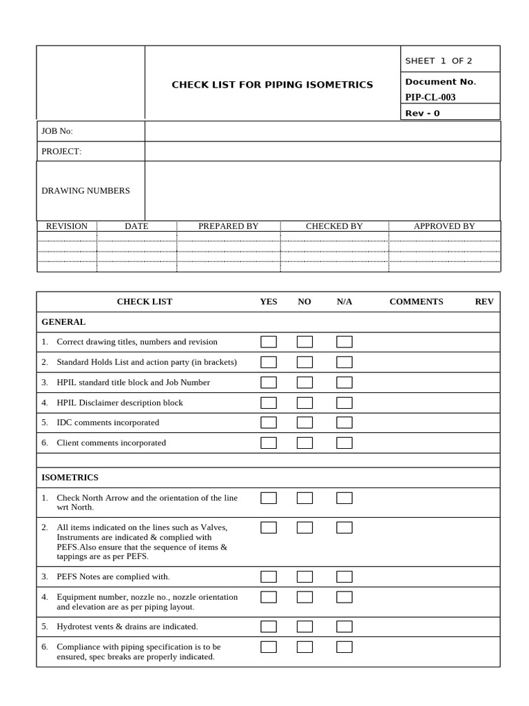 PIP-CL-003 Rev 0 Check List For Piping Isometrics | PDF