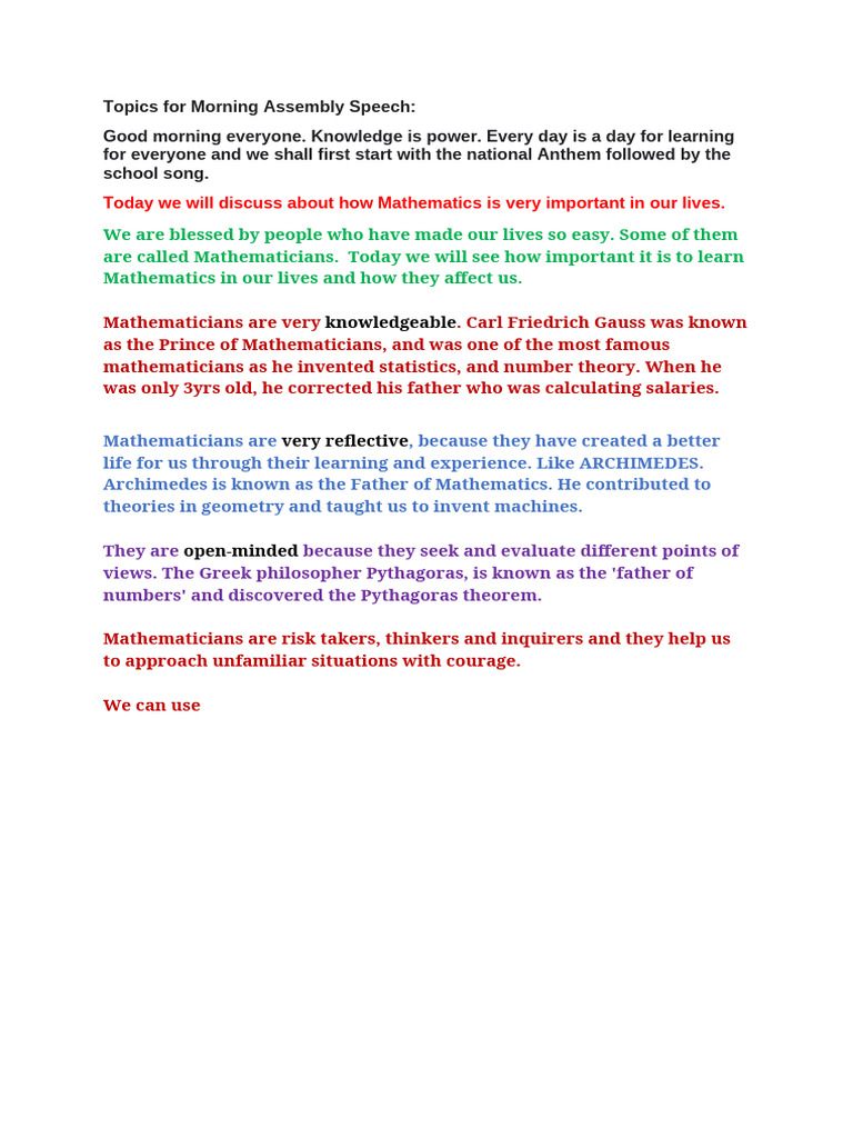 Topics For Morning Assembly Speech | PDF