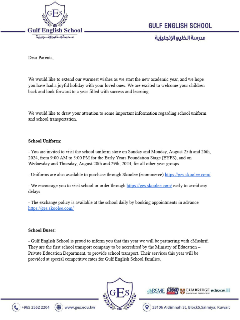 GES - School Uniform and Bus Letter -English | PDF