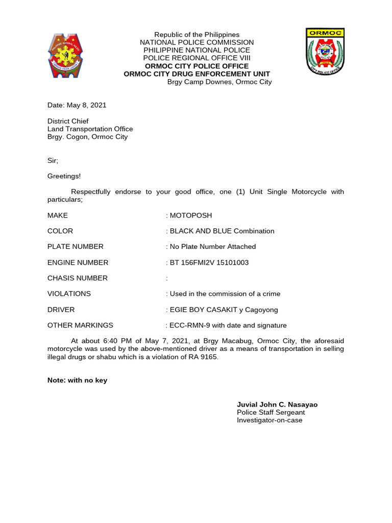 Turn Over Slip To LTO Nas | PDF