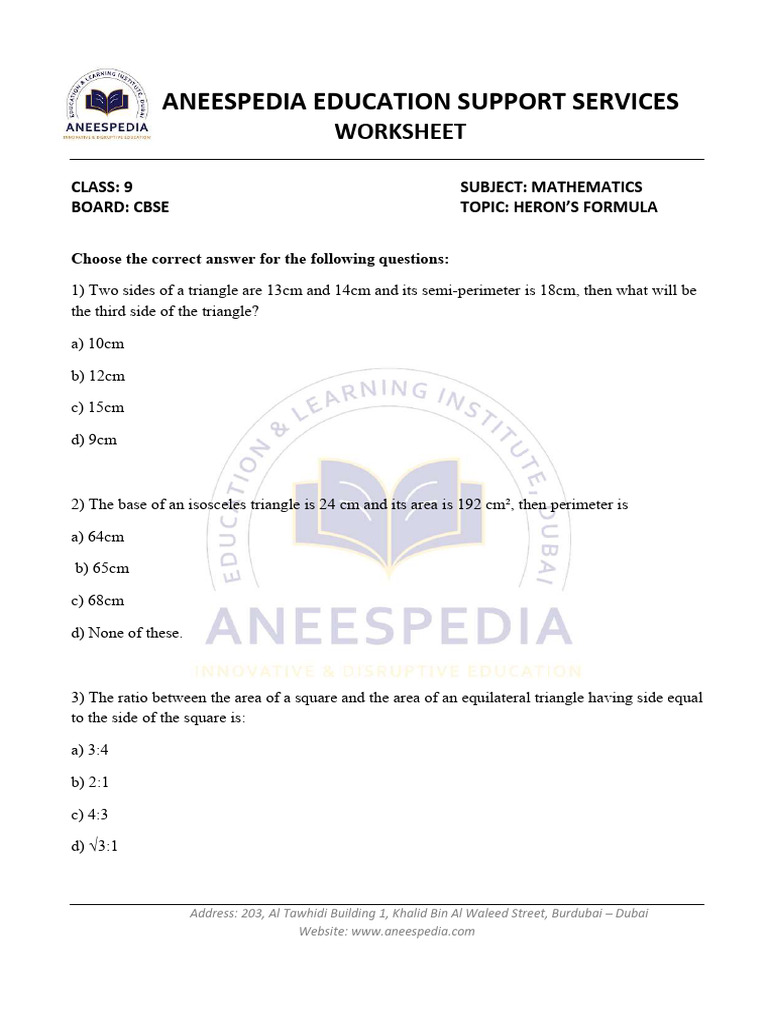 9 CBSE Math - Heron's Formula 2 | PDF | Triangle | Area