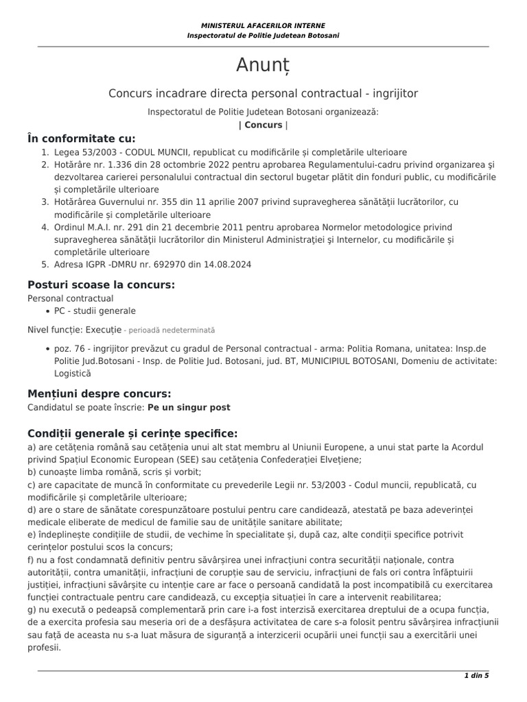 Concurs Incadrare Directa Personal Contractual - Ingrijitor | PDF