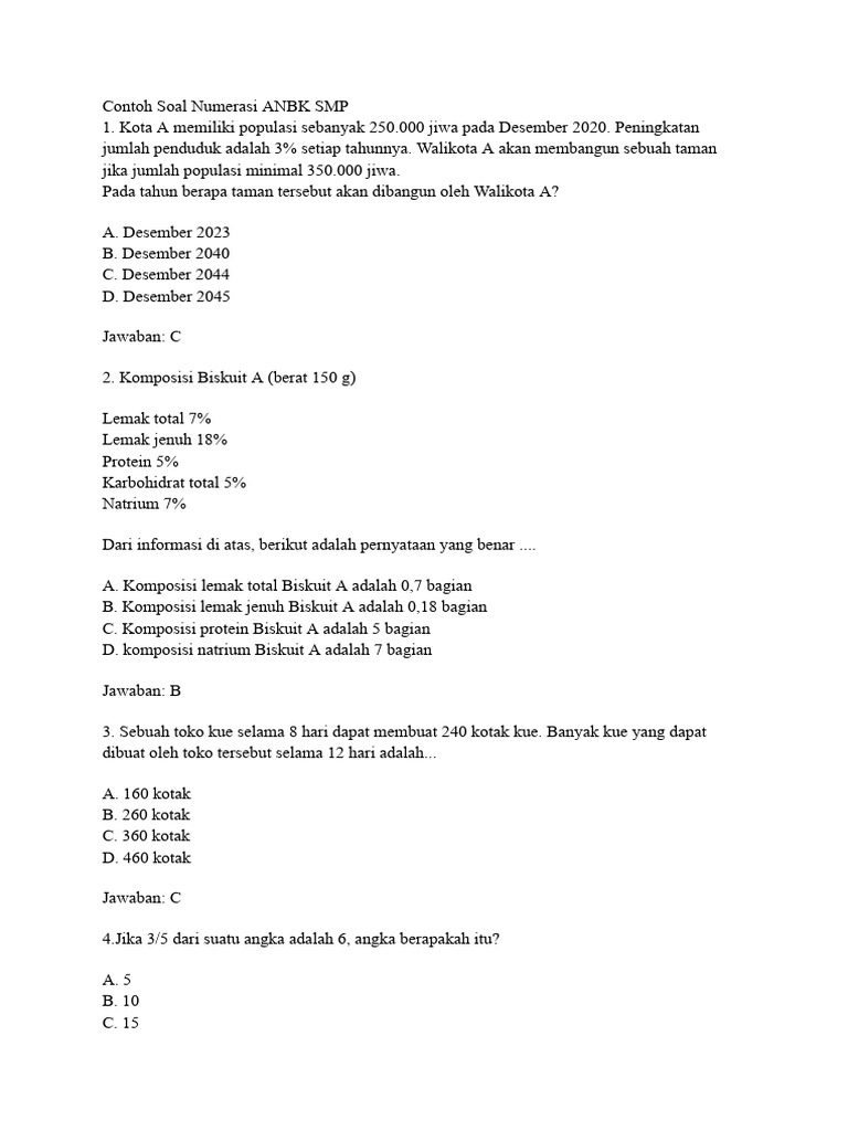 Contoh Soal ANBK Numerasi SMP 2024 | PDF