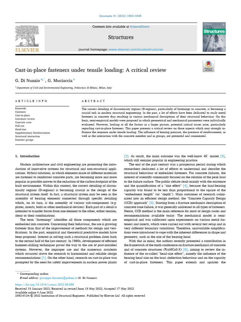 G. Di Nunzio A - Cast-In-Place Fasteners Under Tensile Loading - A ...