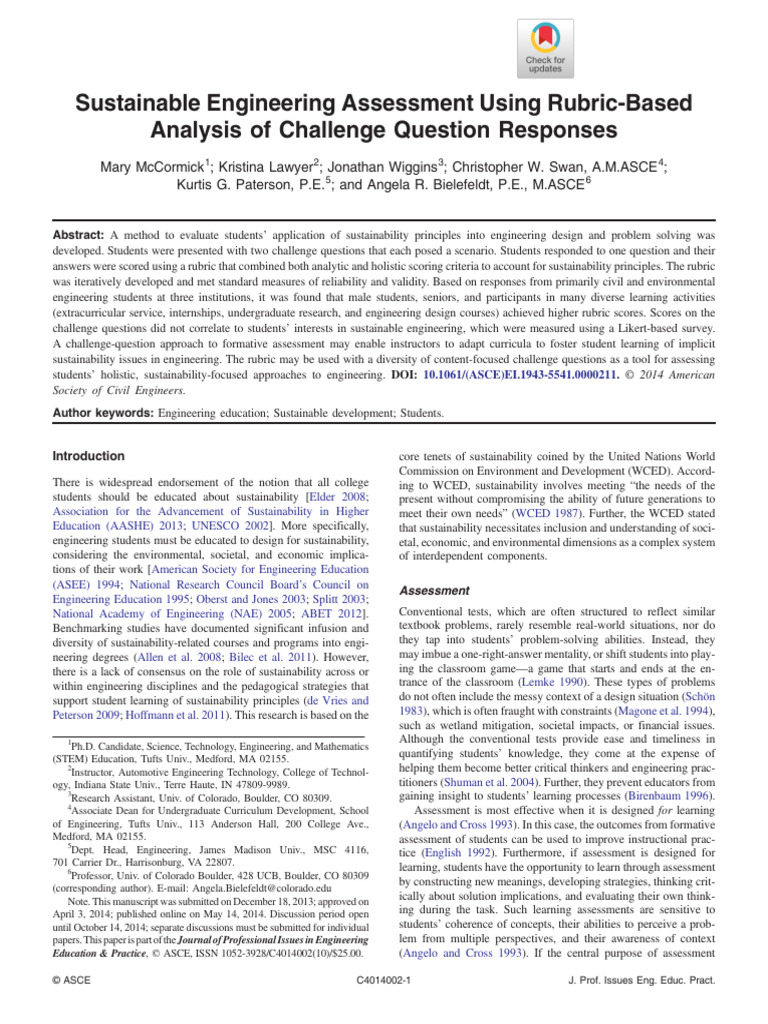 Swan Et Al 2014 Sustainable Engineering Assessment Using Rubric Based ...