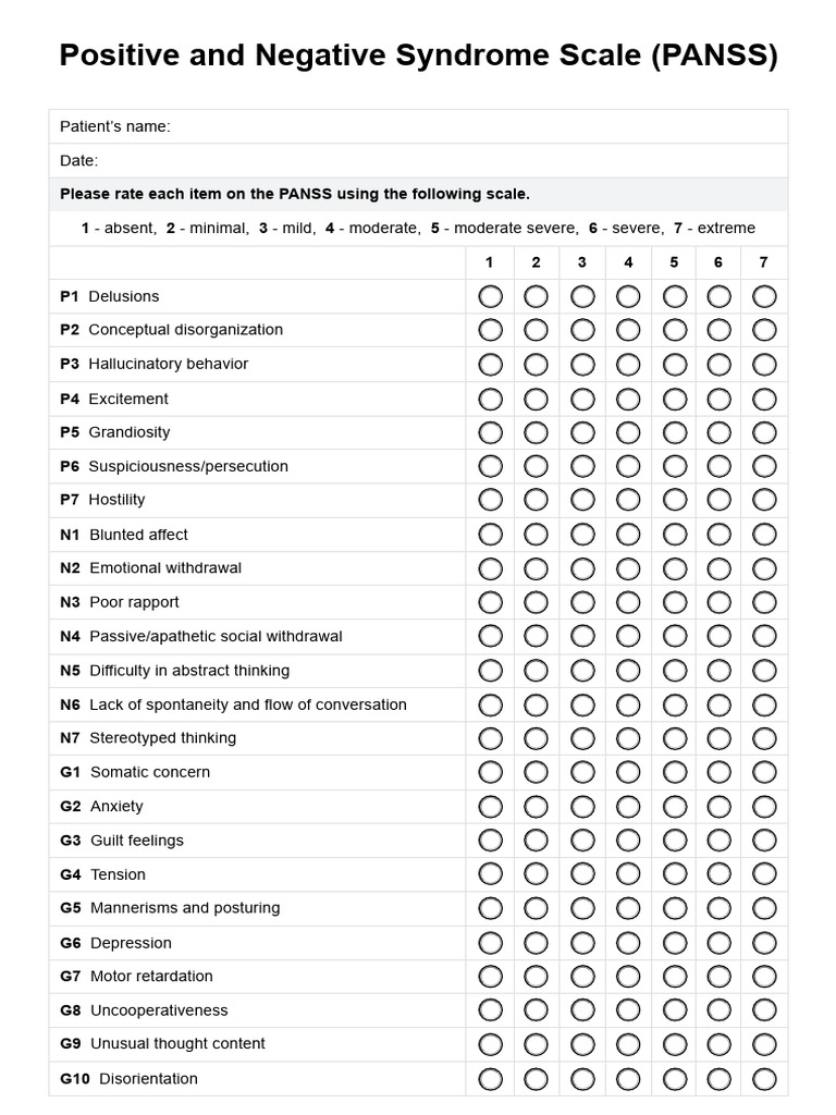 Positive And Negative Syndrome Scale Panss For Schizophrenia