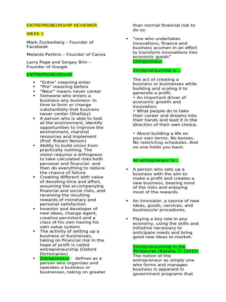 Entrepreneurship Reviewer | PDF