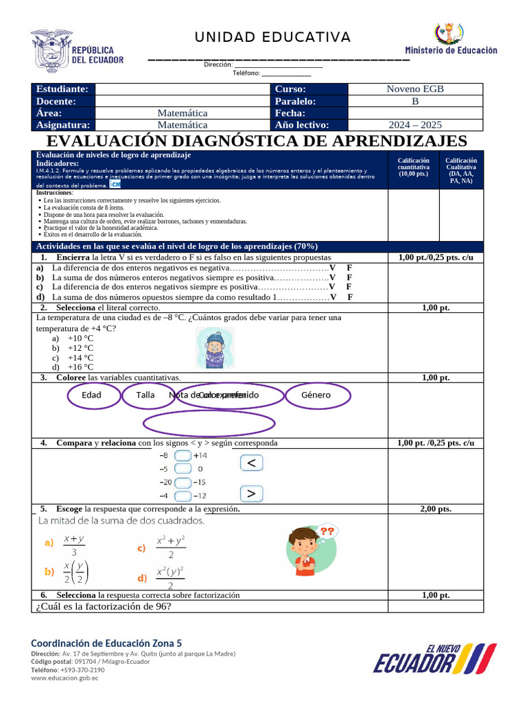 Eval Diagnóstica de Aprendizajes Noveno - Video | PDF | Evaluación | Ecuaciones