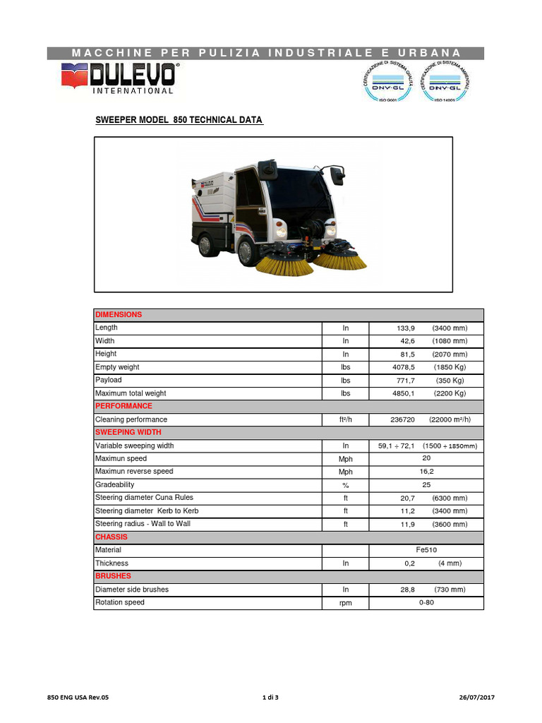 Dulevo 850 Technical Data | PDF