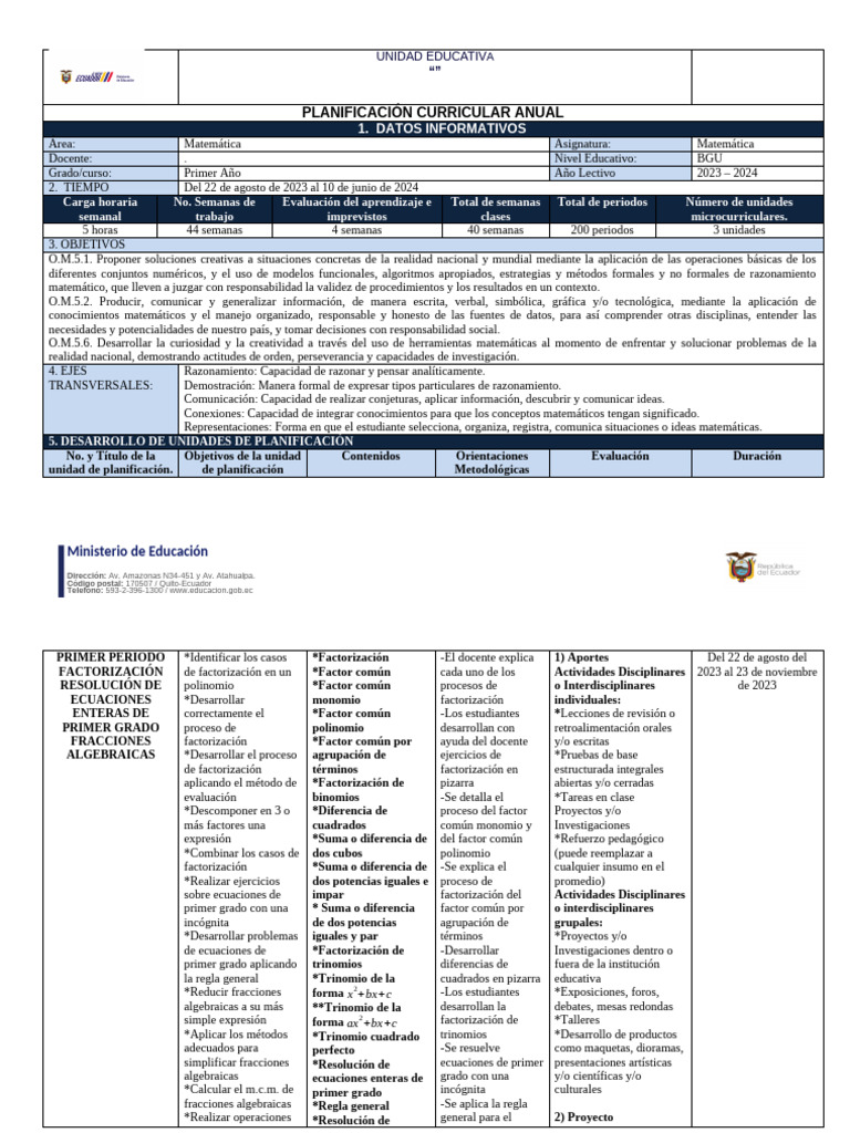 Pca 1ro Bgu Mat 2023-2024 ( | PDF | Factorización | Ecuaciones