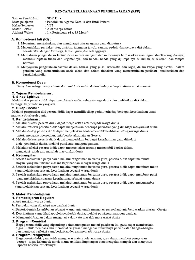 RPP PPG SMTR 1 KLS 6 Tahun 2020 | PDF