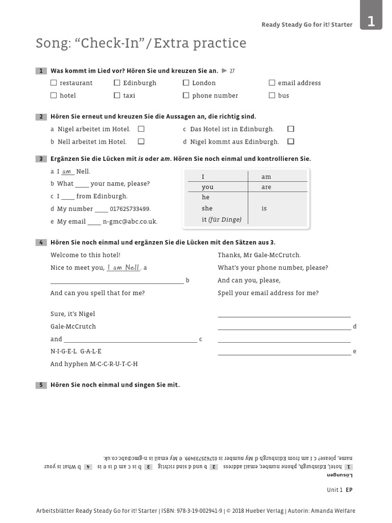Ready Steady Go For It Starter U01 Song Worksheet EP01 | PDF