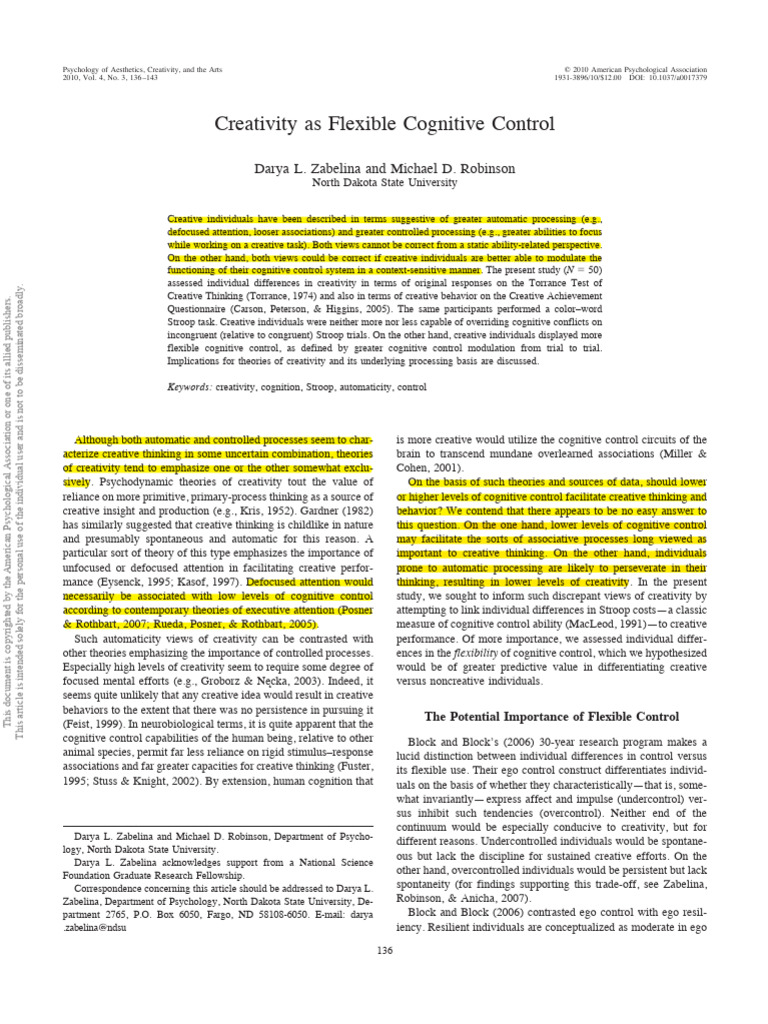Creativity as flexible cognitive control | PDF