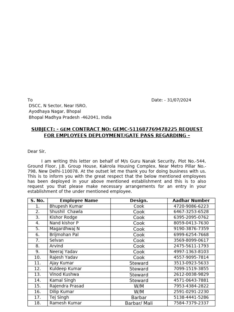 Deployment Letter Bhopal Final | PDF