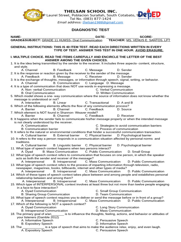 Grade 11 & 12 Communication Diagnostic Test | PDF | Communication ...
