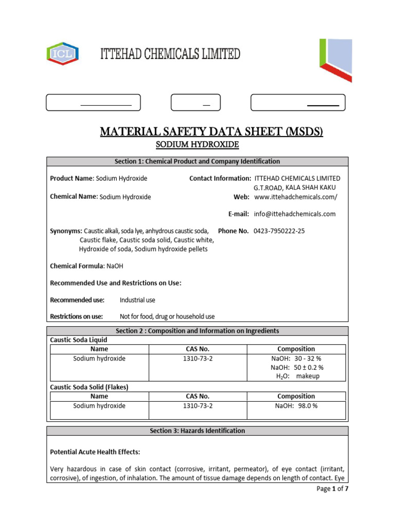 MSDS Sodium Hydroxide Liquid Flakes | PDF