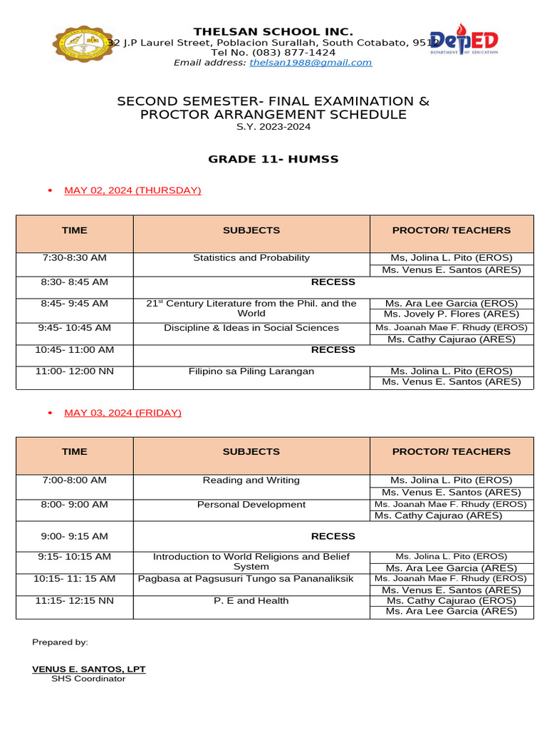 SHS 2ND Sem. Final Exam Schedule | PDF | Social Science