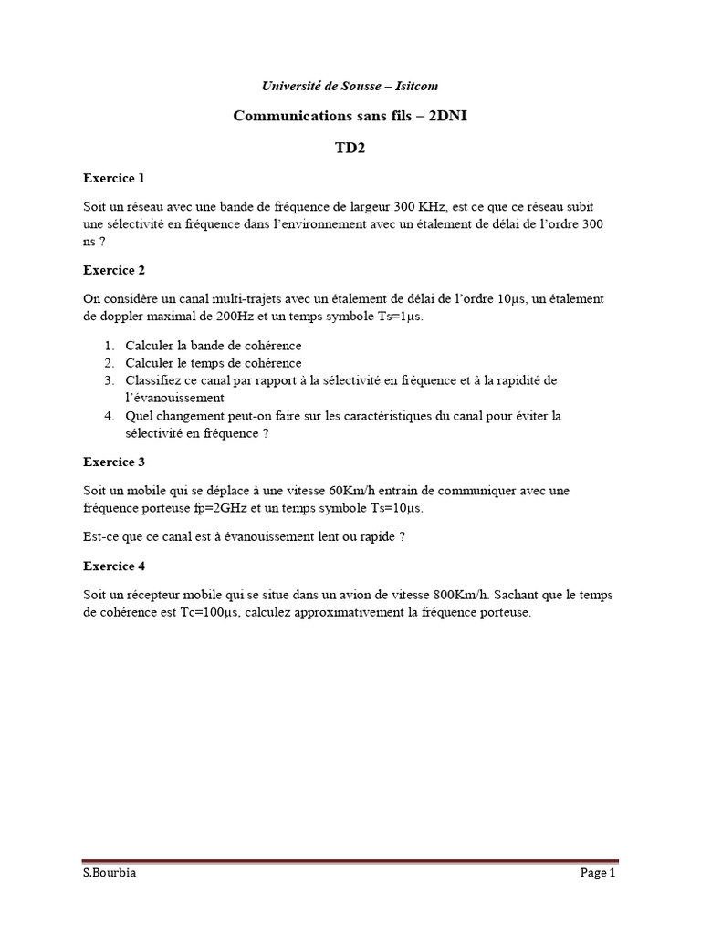 Communications Sans Fils - 2DNI TD2: Exercice 1 | PDF