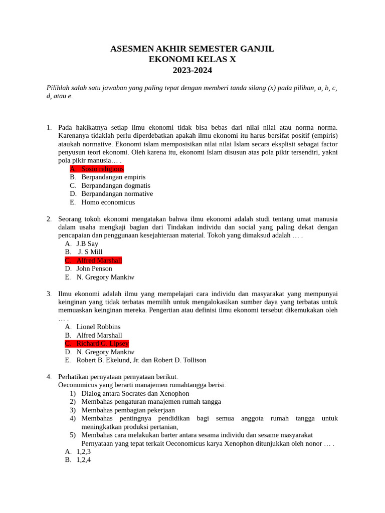 Asesmen Akhir Semester Ganjil (Ekonomi) | PDF