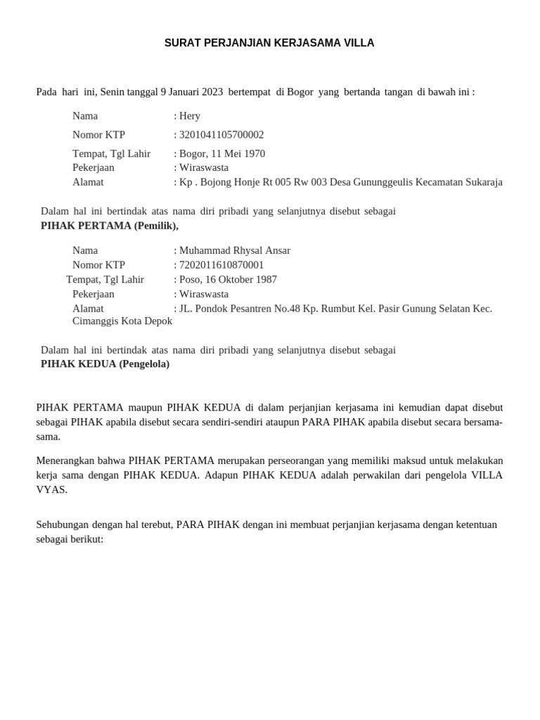 Surat Perjanjian Kerjasama Villa | PDF
