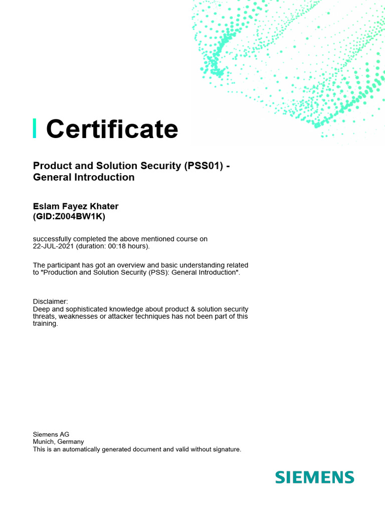 Certificate Product and Solution Security PSS | PDF