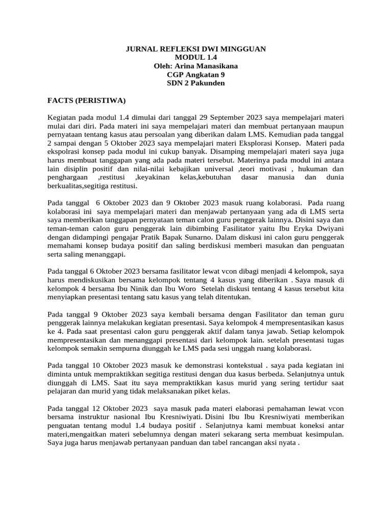 JURNAL REFLEKSI DWI MINGGUAN Modul 1.4 - Arina Manasikana | PDF