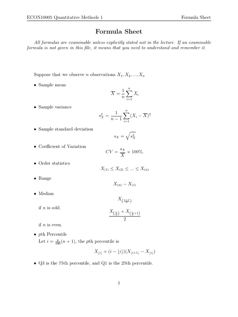 ECON10005 Formula - Sheet | PDF