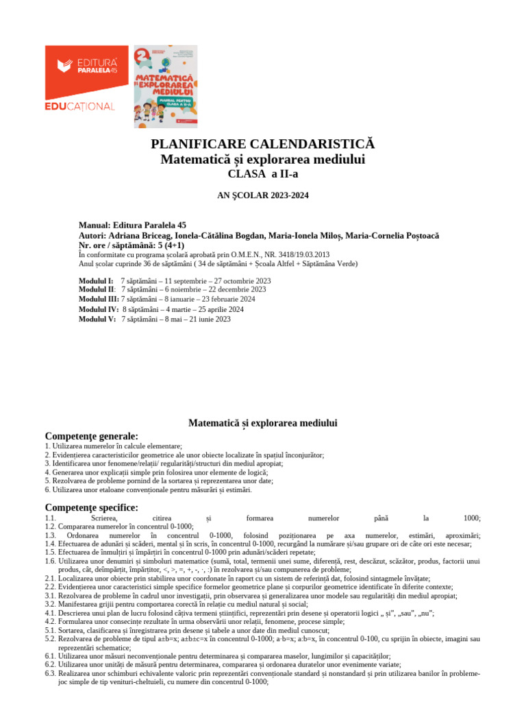 Planificare Calendaristică MEM 2023 2024 | PDF