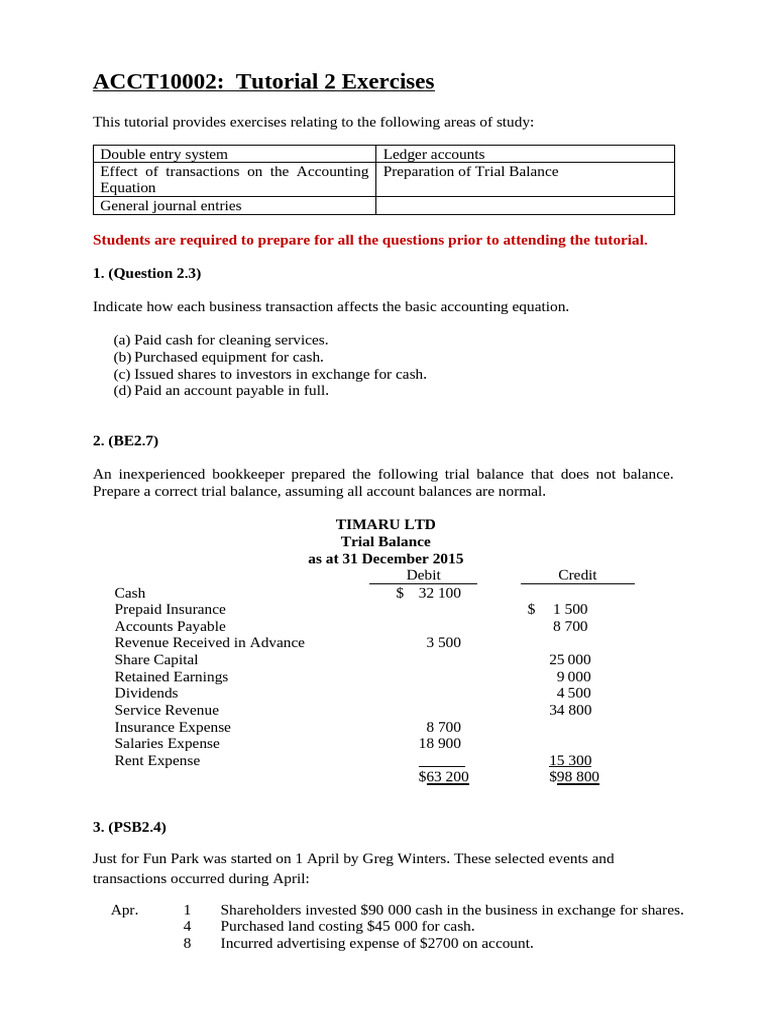 ACCT10002 Tutorial 2 In-Class Exercises | PDF