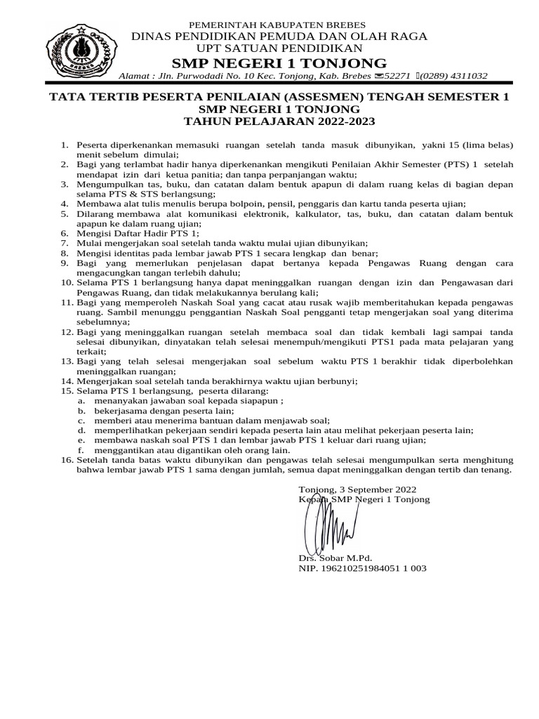 Tatib Peserta PTS - STS 1 - 2023-2024 | PDF