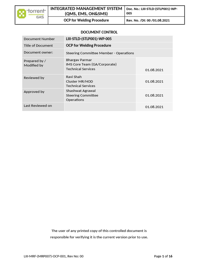 LIII-STLD - (STLP001) - WP-005 - OCP For Welding Procedure. | PDF