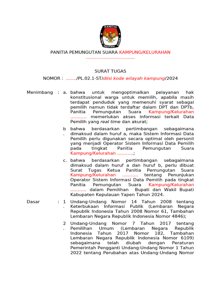 Surat Tugas Penunjukan Operator Sidalih Tingkat PPS | PDF