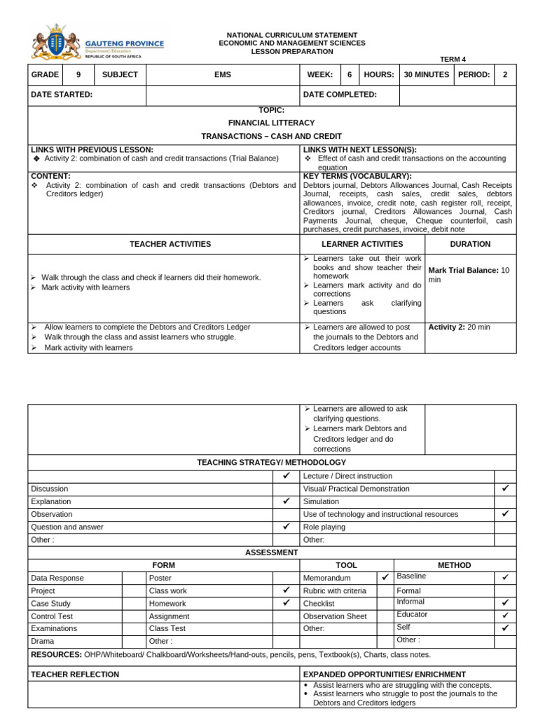 Week 6 Lesson Plan 2 | PDF