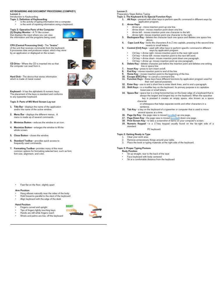 Keyboarding and Document Processing (Lesson 1-2) | PDF