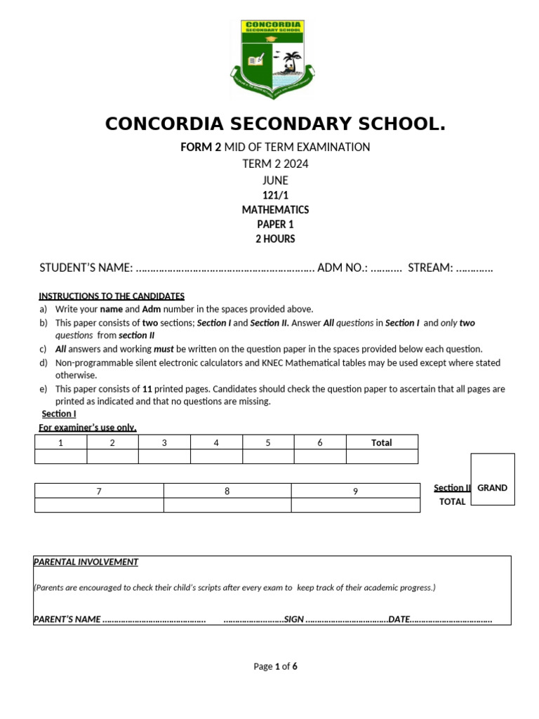 Form 2 MT2 2024 | PDF