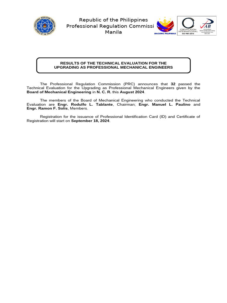 Results of The Technical Evaluation For The Upgrading As Professional ...