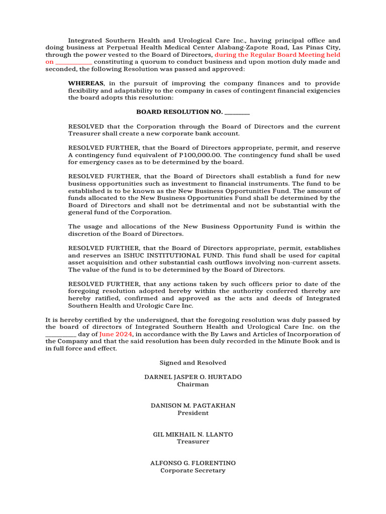 Board Resolution for Financial Funds Creation | PDF | Board Of ...