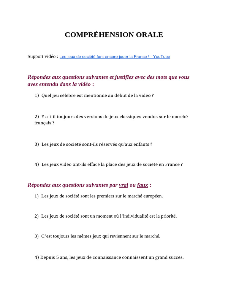 Compréhension Orale: Répondez Aux Questions Suivantes Et Justifiez Avec ...
