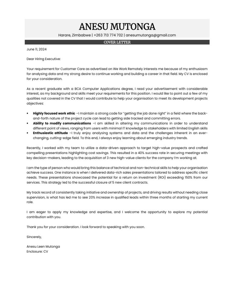 Anesu Mutonga Cover Letter | PDF | Business