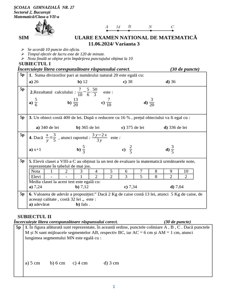 Simulare 3 Iunie 2024 Cls 7 | PDF