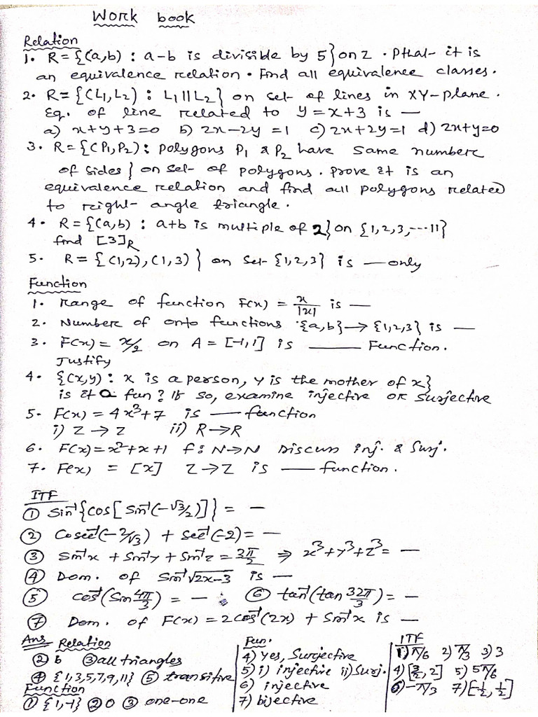 Work Book Relation, Function and Itf | PDF
