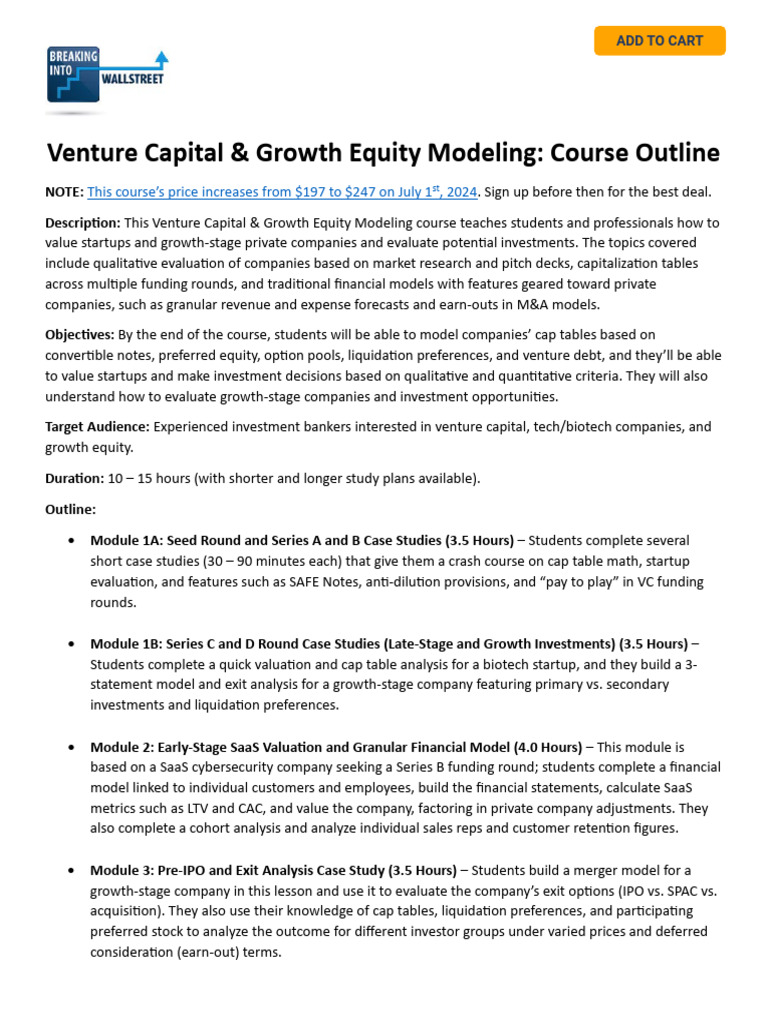 Venture Capital Modeling Course Outline | PDF