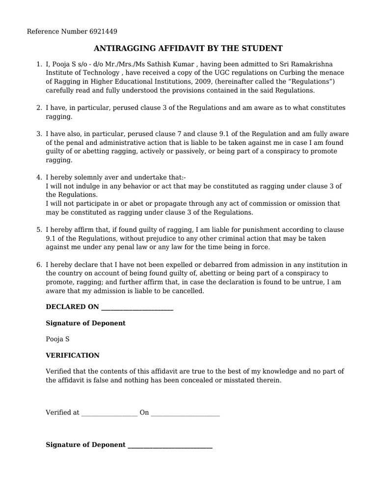 Anti Ragging Affidavit Form | PDF