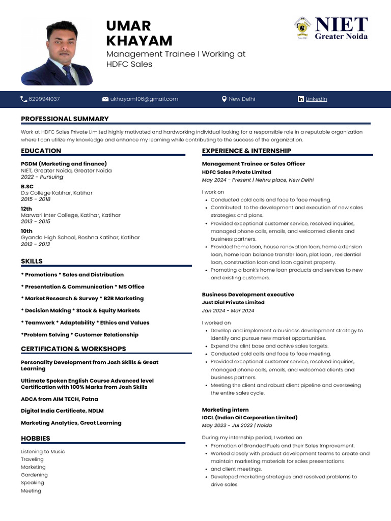 UMAR - KHAYAM - Management Trainee L Working at HDFC Sales | PDF