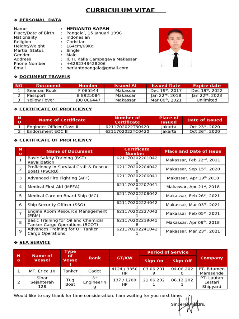 1 Contoh CV Pelaut Rating Bahasa Inggris | PDF