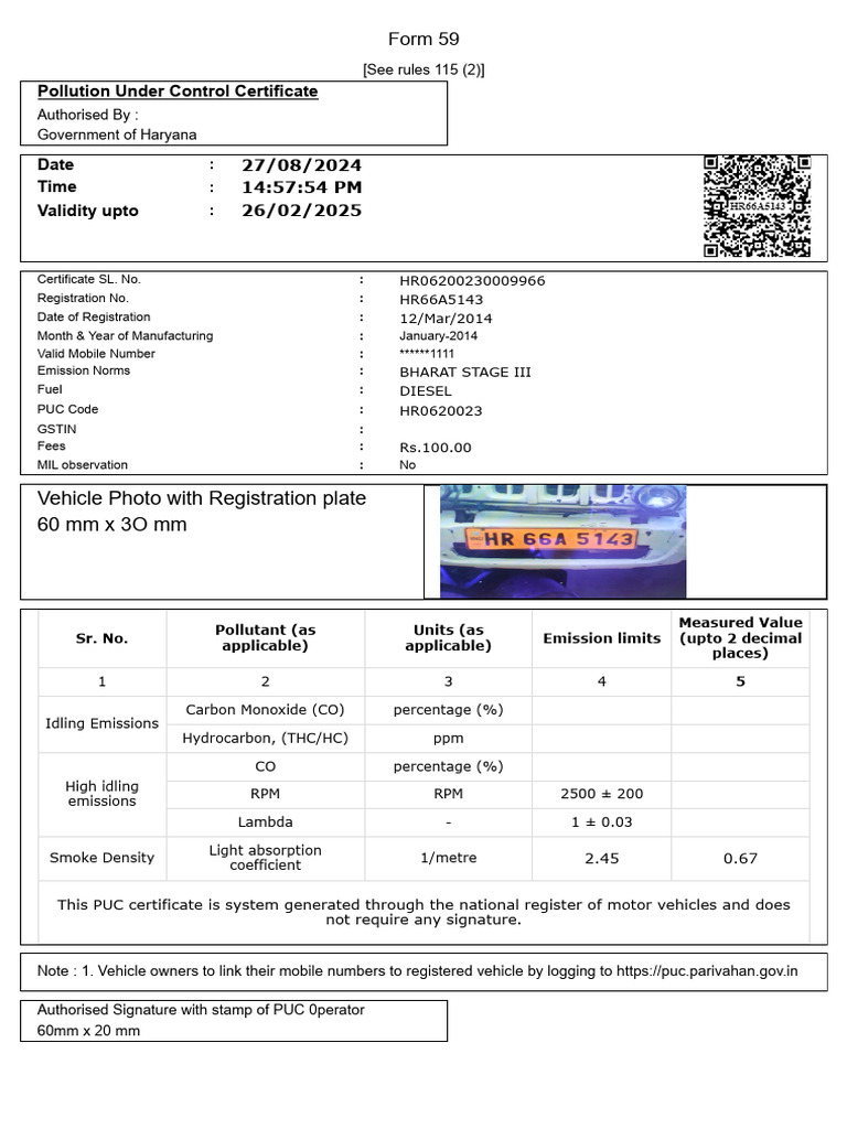 Vehicle Photo With Registration Plate 60 MM X 3O MM: Form 59 | PDF